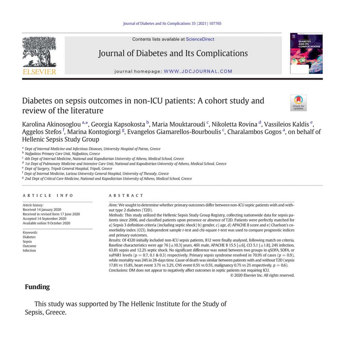 Diabetes on sepsis outcomes in non-ICU patients: A cohort study and ...
